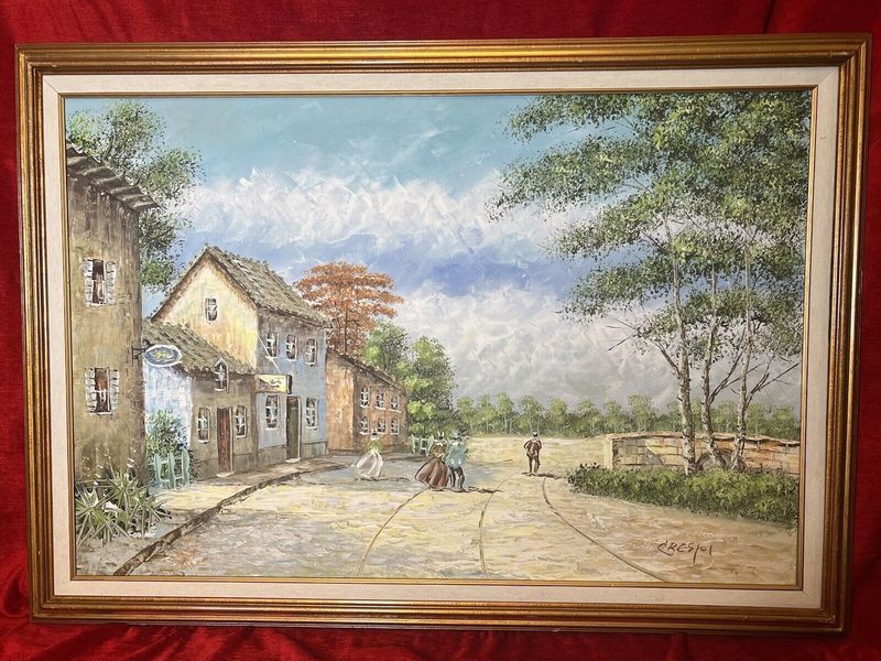 20th Century David Crespi 1928 1992 Mediterranian Village Scene Oil ...