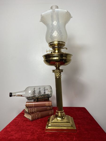 Brass Corinthian Column Table Oil Lamp With White Opaque Glass Funnel ...