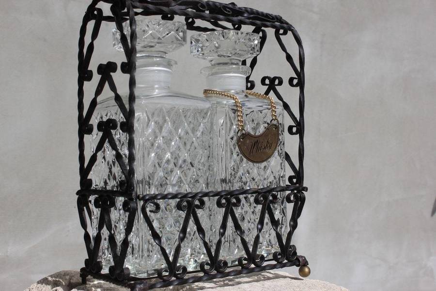 Vintage 2 Glass Liquor Decanters Set Tantalus In Handmade Metal Stand ...