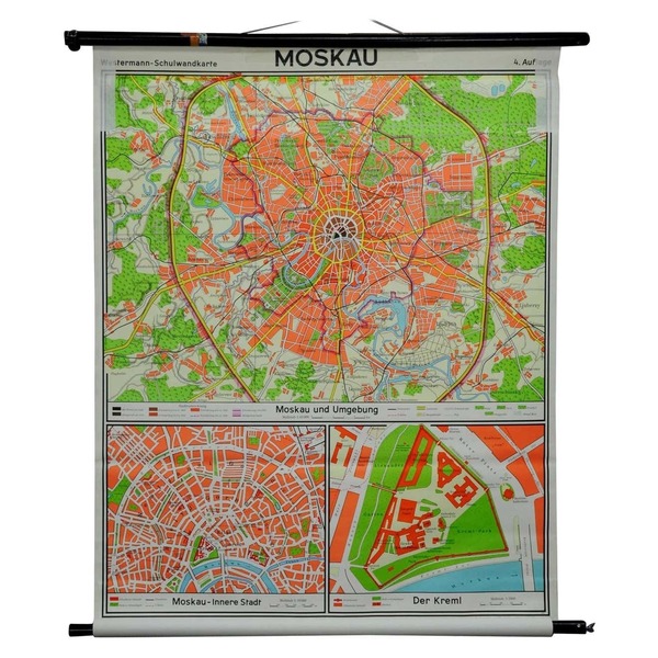 Vintage Pull Down Wall Chart City Map Of Moscow Russia | Vinterior