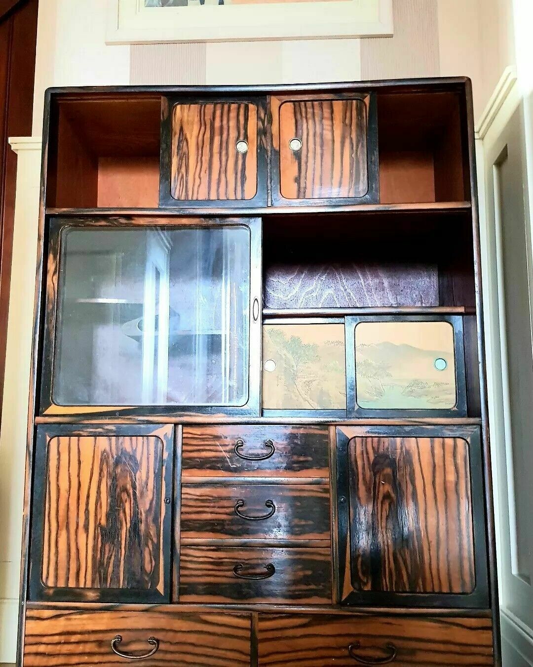 Oriental Antique Faux Painted Tigerwood Cabinet | Vinterior